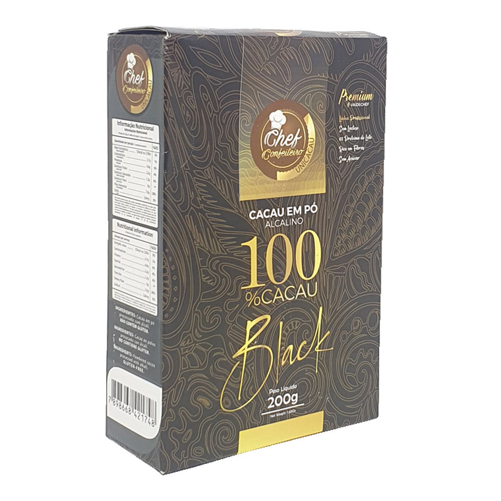 Cacau em Pó Alcalino 100% Cacau Black 200g - Chef Confeiteiro - Doce Malu