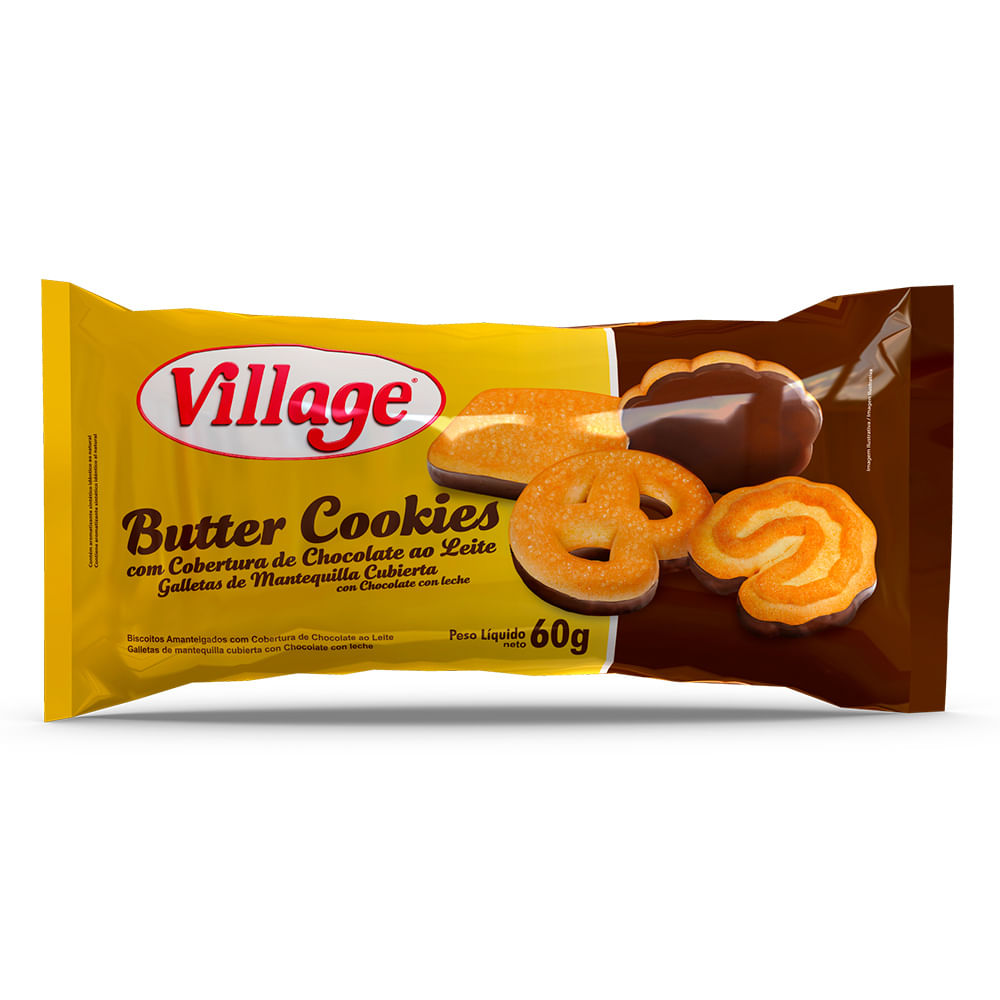 Butter Cookies c/ Cobertura de Chocolate ao Leite 60g - Village - Doce Malu