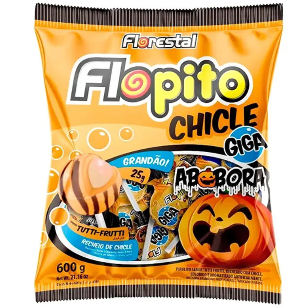 Pirulito Flopito Giga Abóbora Recheio Chiclete 600g - Florestal - Doce Malu