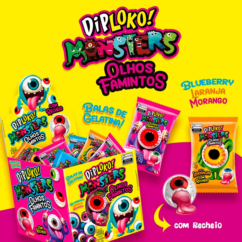 Bala de Gelatina Recheada Olhos Famintos Dip Loko Monsters Sortido c/24 ...